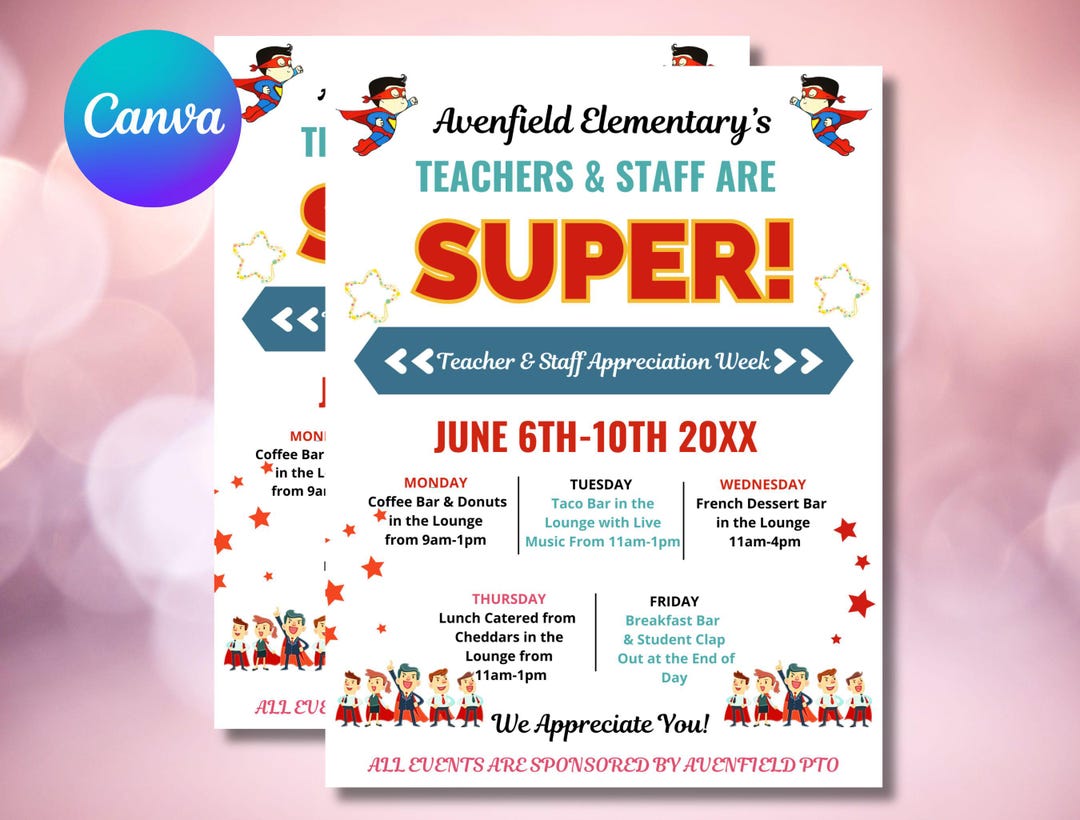 Editable Superhero Theme Teacher & Staff Appreciation Week Flyer ...