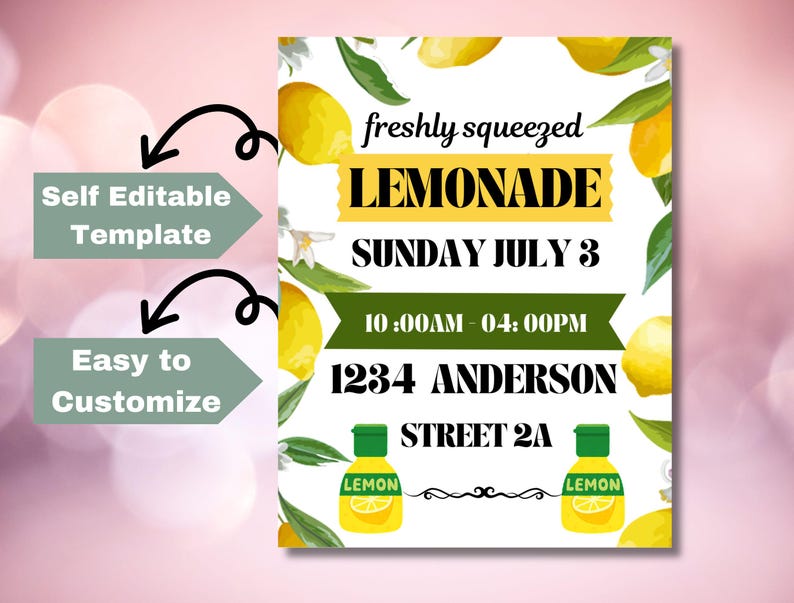 Lemonade Sale Sign Printable, Editable Flyer Template, Canva Lemonade ...