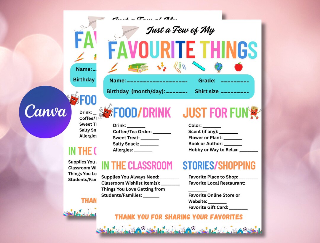 Editable Teacher Favorites Questionnaire | Back to School Survey Form ...