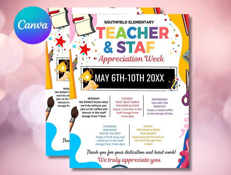 Editable Teacher and Staff Appreciation Week Flyer Itinerary Flyer ...