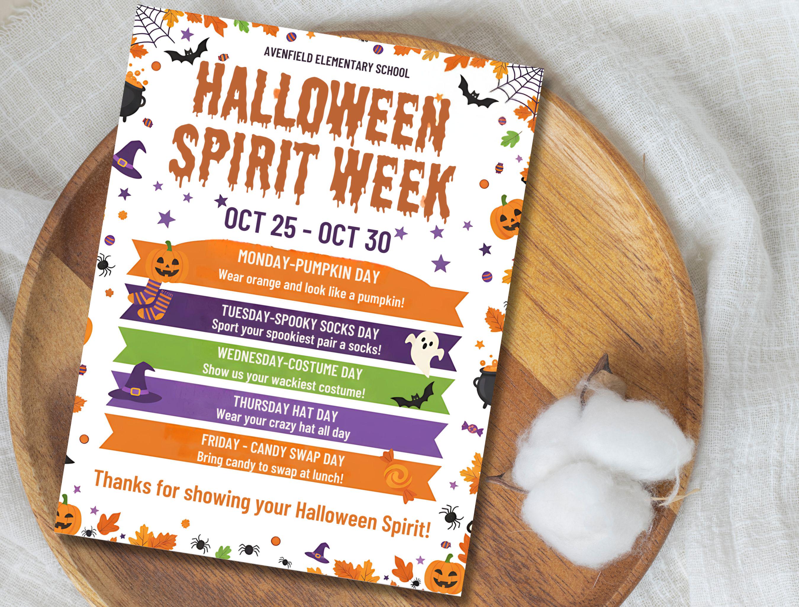 Editable Halloween Spirit Week Flyer: School Events Itinerary (canva ...