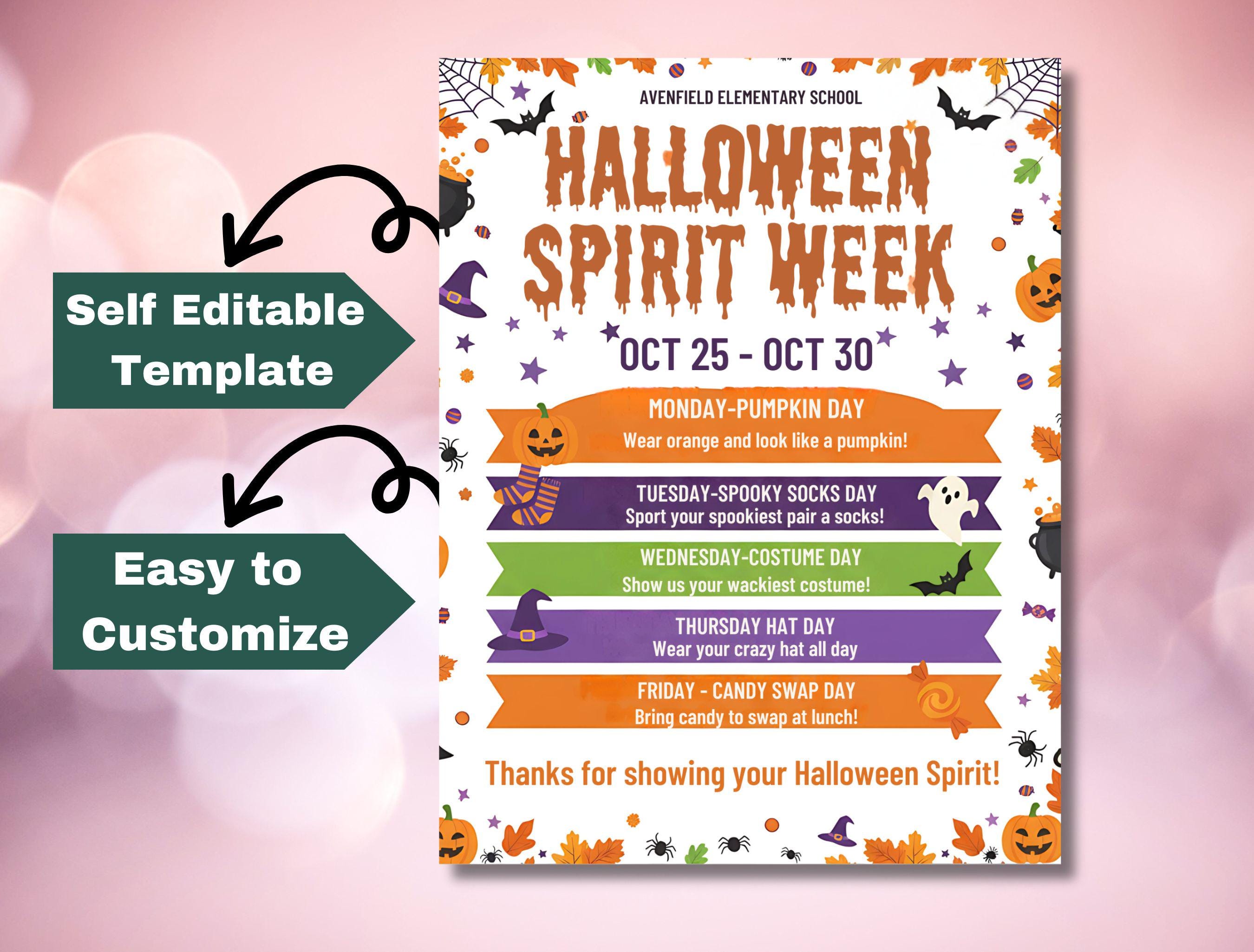 Editable Halloween Spirit Week Flyer: School Events Itinerary (canva ...