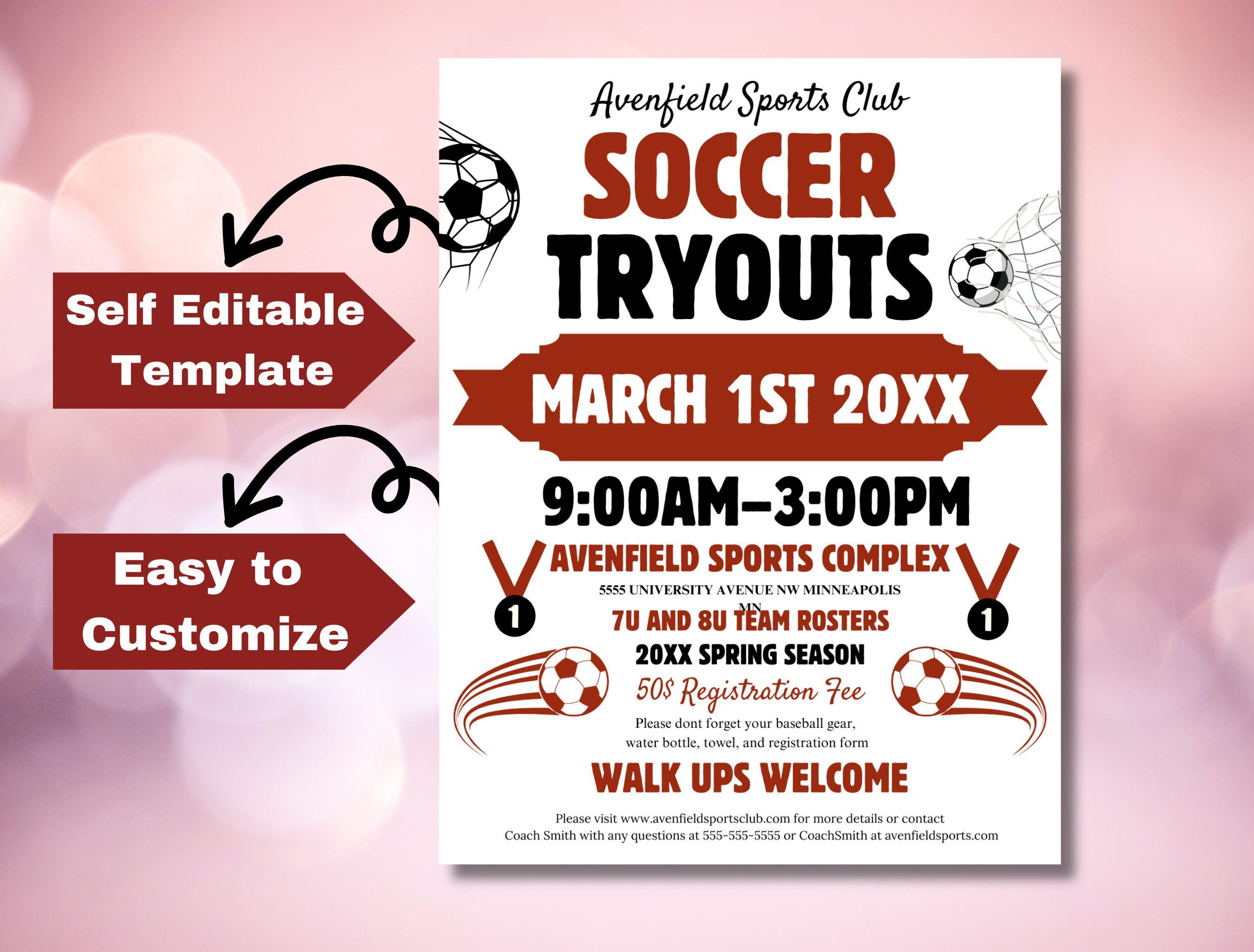 Editable Soccer Tryout Flyer Template, Team Registration Announcement ...