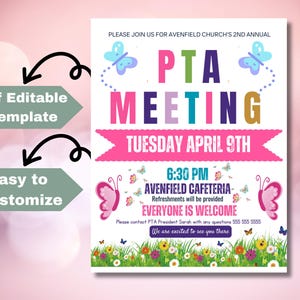 Editable Spring PTA Meeting Flyer Template, PTO PTA April News, Canva ...