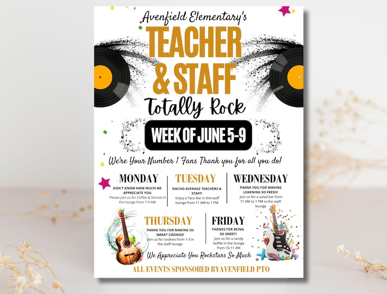 Editable Rock and Roll Theme Teacher & Staff Appreciation Week Rock ...