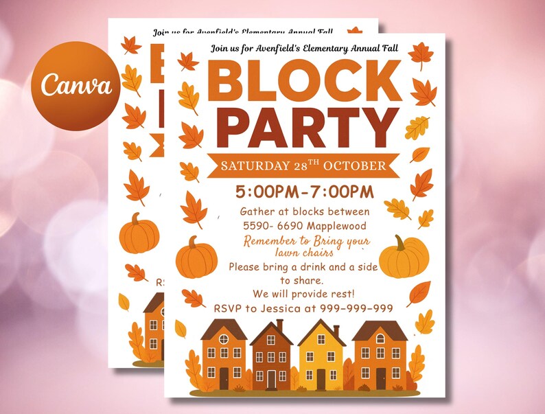 Fall Block Party Flyer Editable Template for Autumn Neighborhood Party ...
