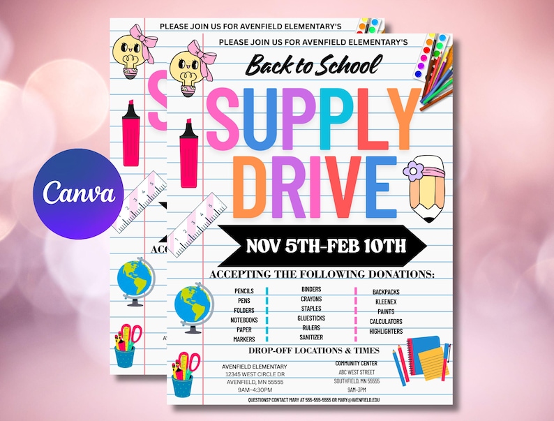 Editable Back to School Supply Drive Flyer Template | Canva Donation ...