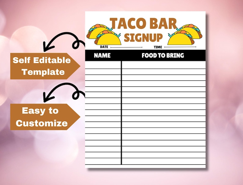 Taco Bar Sign up Sheet Printable for Mexican Fiesta Potluck Party ...