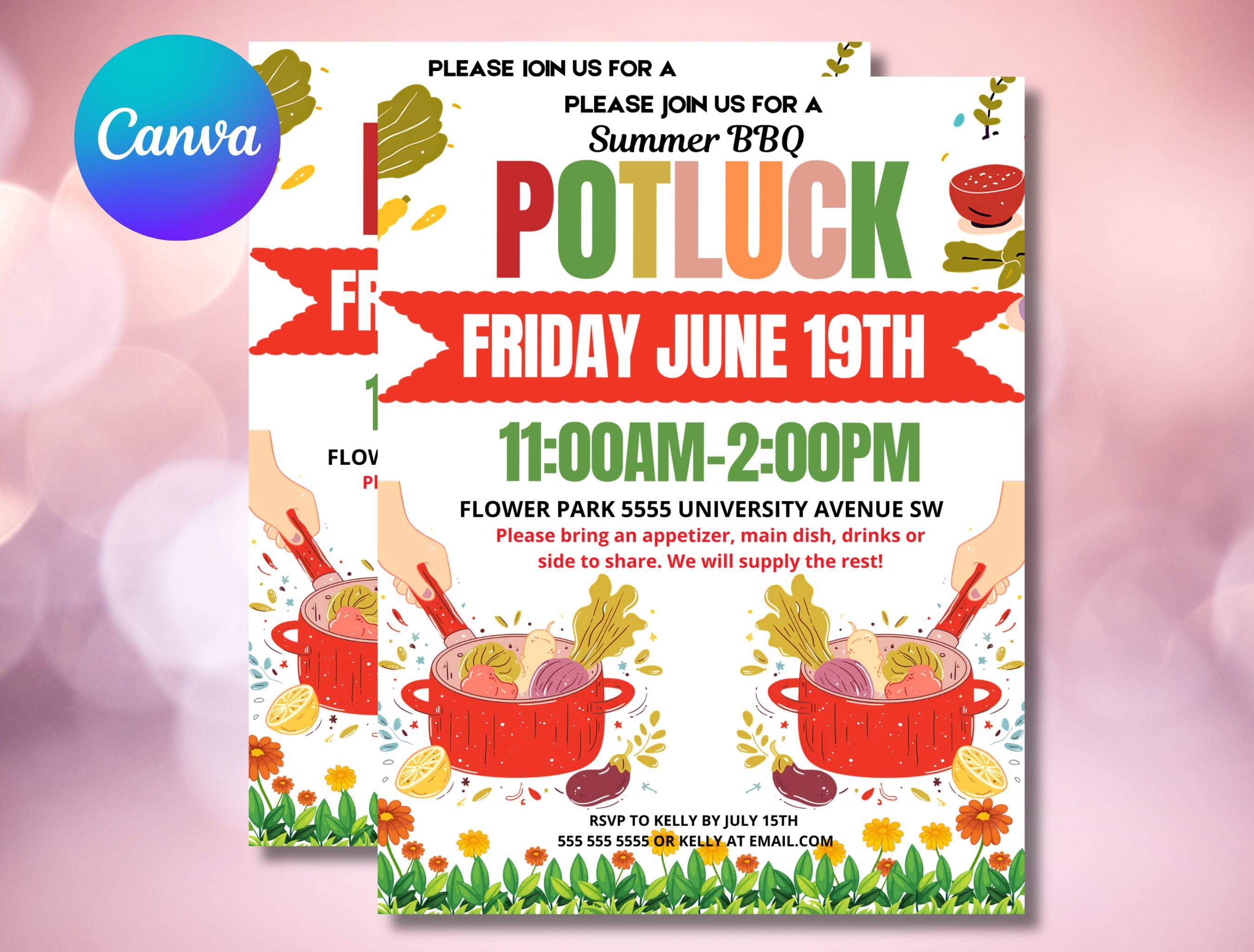 Editable Summer BBQ Potluck Flyer Template | Canva Community Cookout ...