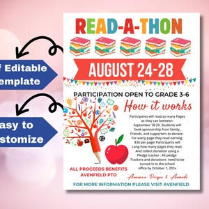 Read-a-thon Flyer Editable Template for Reading Literacy Fundraiser ...