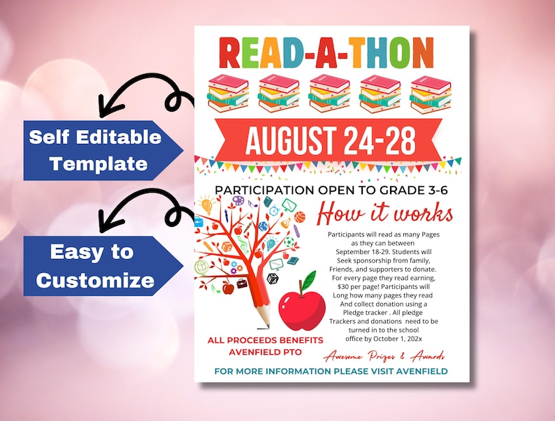 Read-a-thon Flyer Editable Template for Reading Literacy Fundraiser ...
