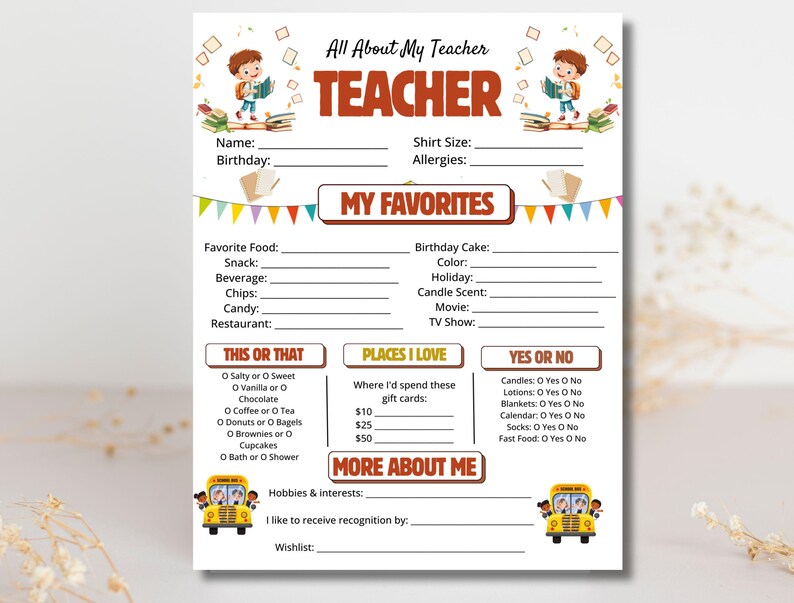 All About My Teacher Printable, Favorite Things Questionnaire, Ready to ...