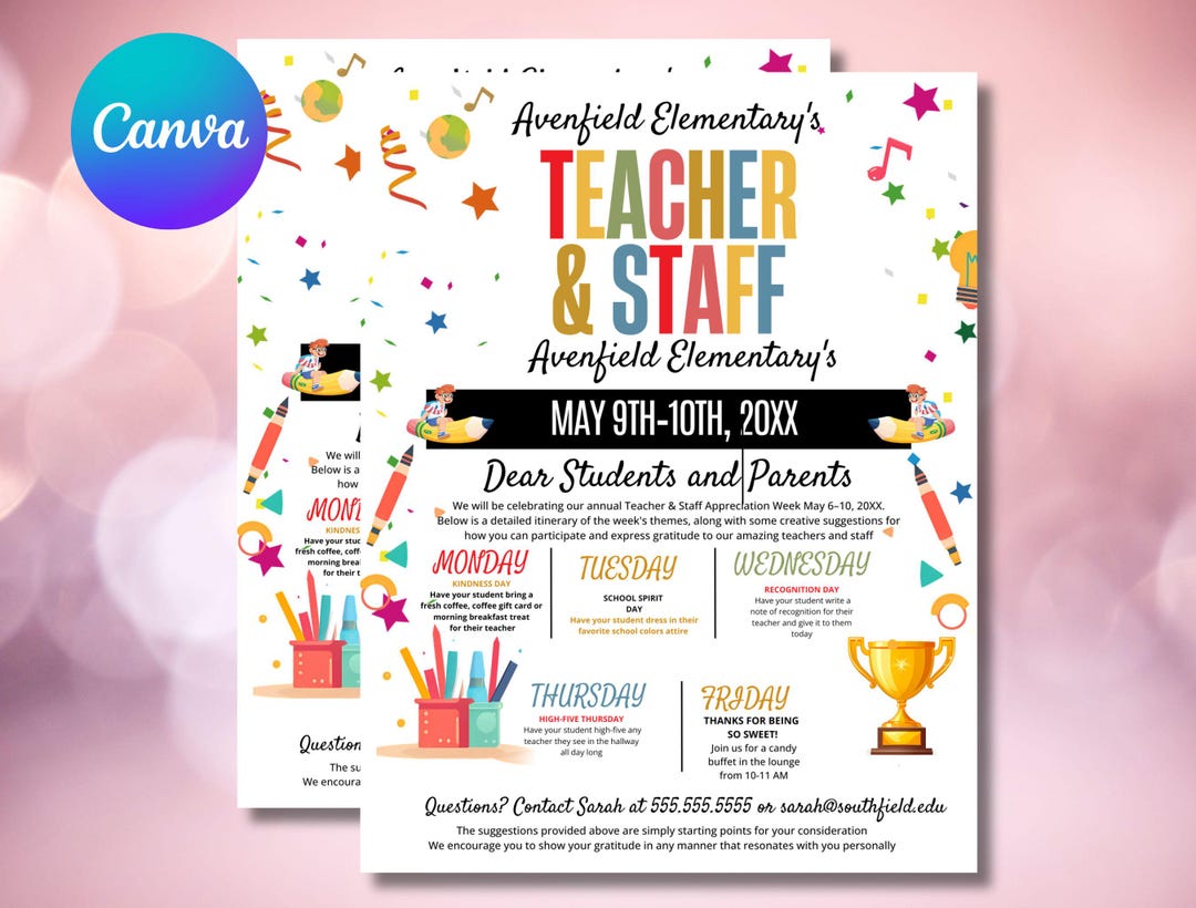 Editable Teacher and Staff Appreciation Week Flyer Itinerary Flyer ...