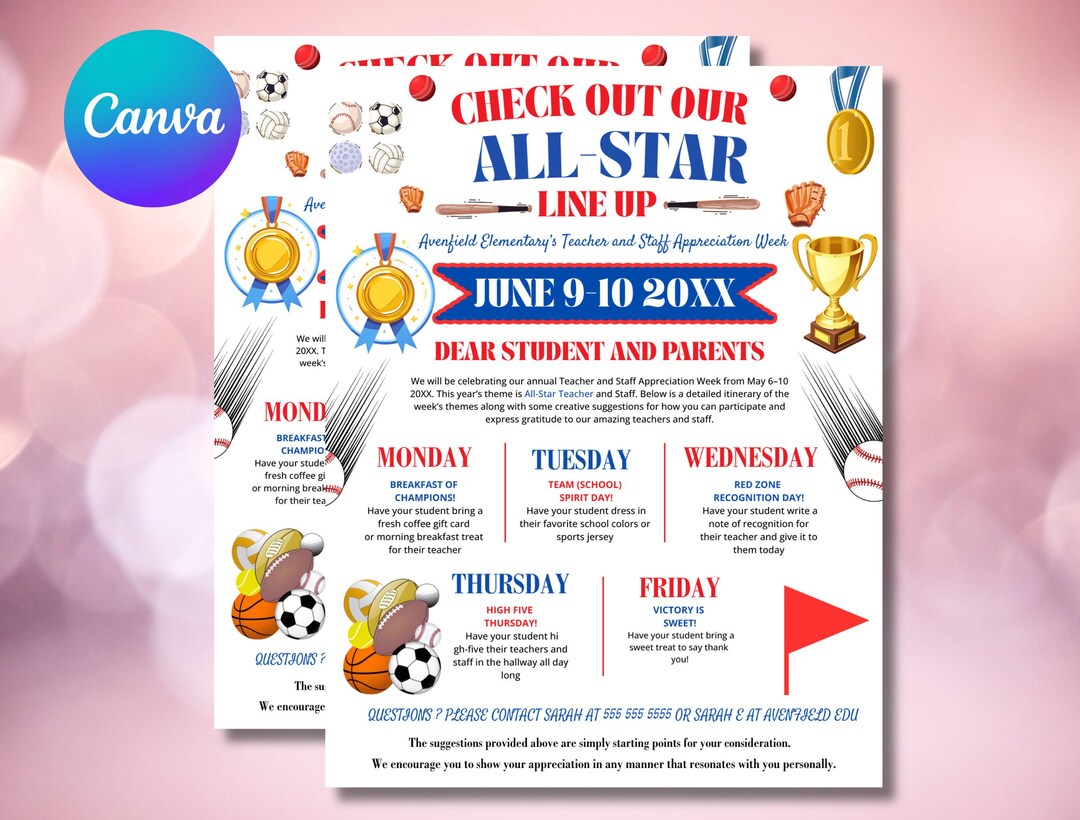 Editable Sports All Star Theme Parent Newsletter Itinerary Flyer for ...