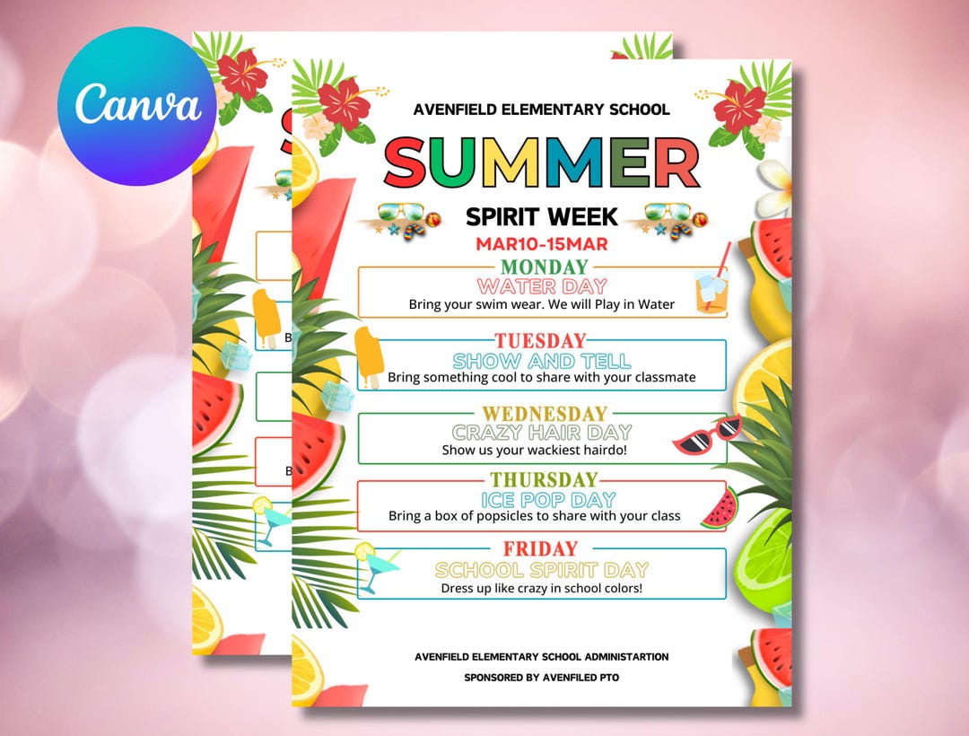 Summer Spirit Week Flyer Template: Editable School Event Planner ...