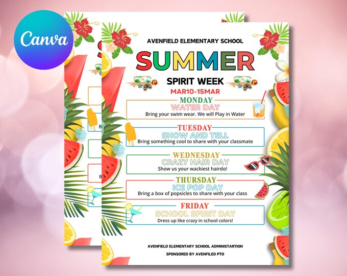 Summer Spirit Week Flyer Template, Editable, Printable, Summer Themed ...