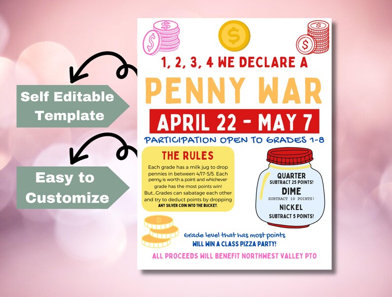 Editable Penny War Fundraiser Flyer, Printable Handout, School ...