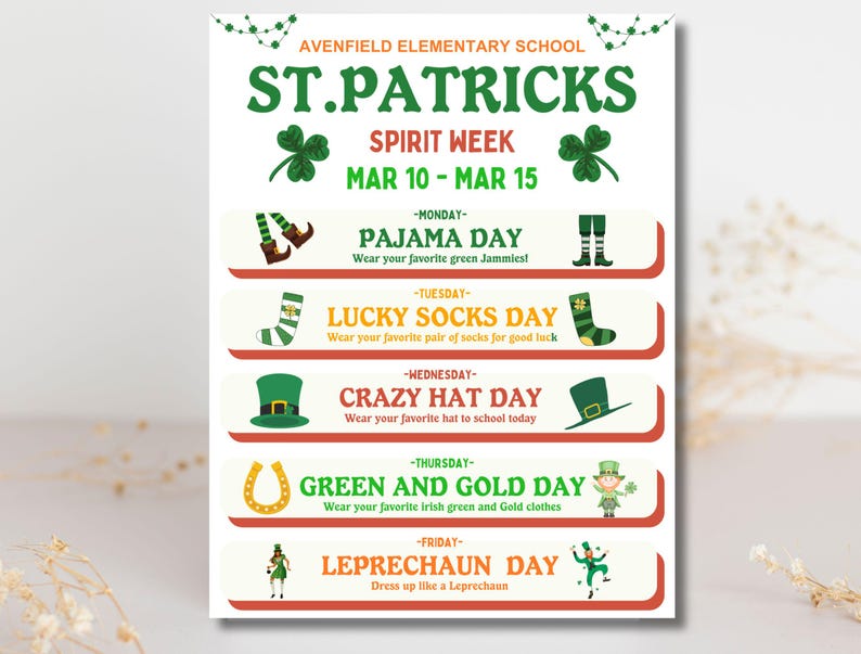 Customizable St.patricks School Spirit Week Flyer, PTO Schedule, March ...