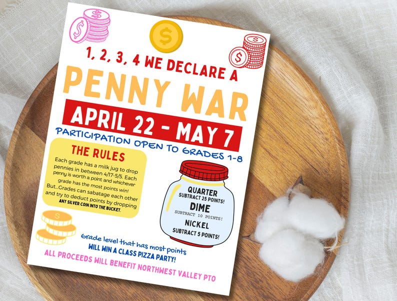 Editable Penny War Fundraiser Flyer, Printable Handout, School ...