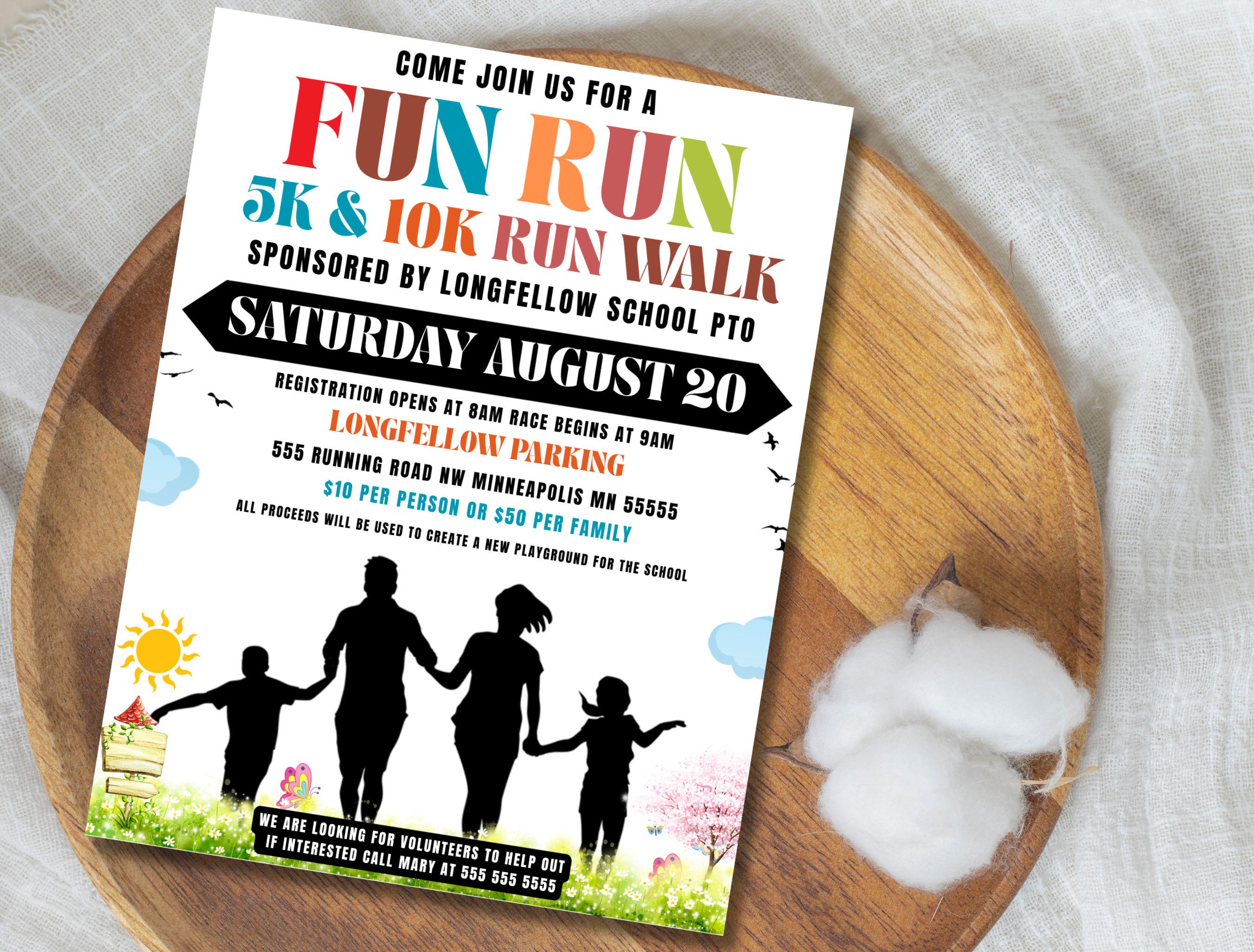 Editable Canva Template – Fun Run Flyer for 5K/10K Outdoor Walk & Race ...