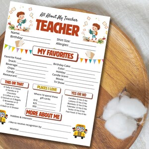 All About My Teacher Printable, Favorite Things Questionnaire, Ready to ...