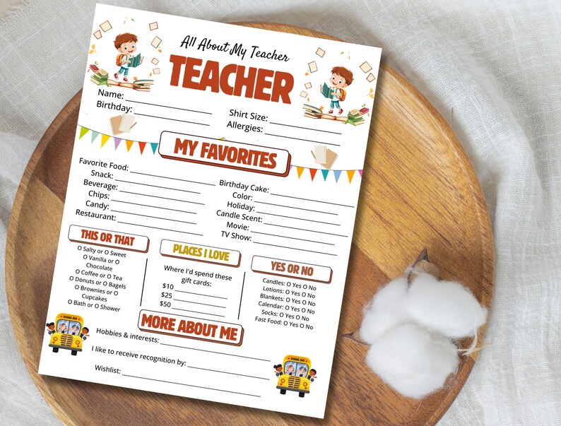 All About My Teacher Printable, Favorite Things Questionnaire, Ready to ...