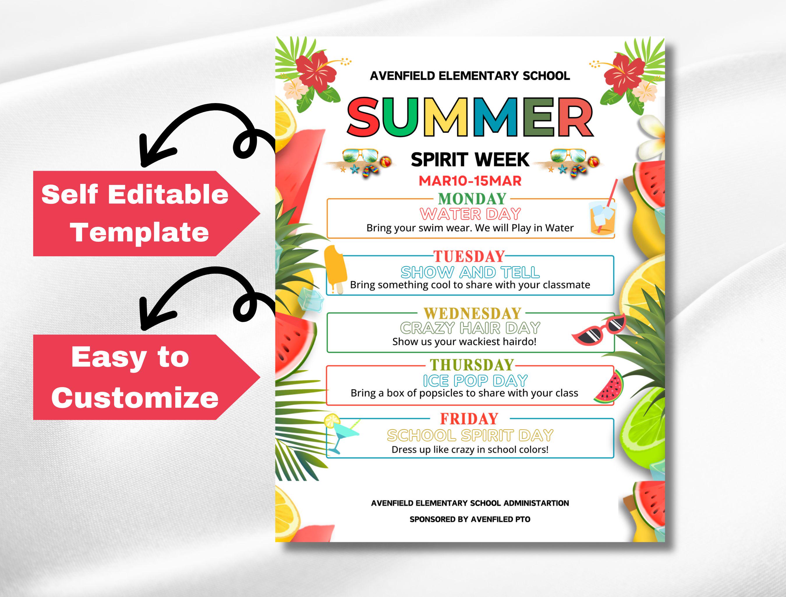 Summer Spirit Week Flyer Template: Editable School Event Planner ...