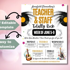Editable Rock and Roll Theme Teacher & Staff Appreciation Week Rock ...
