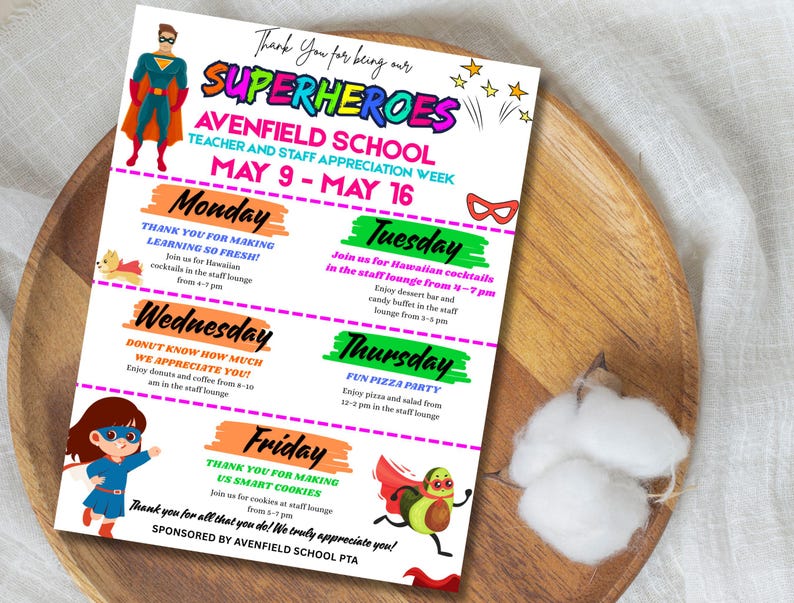 Editable Superhero Teacher Appreciation Week Flyer | Canva Schedule ...