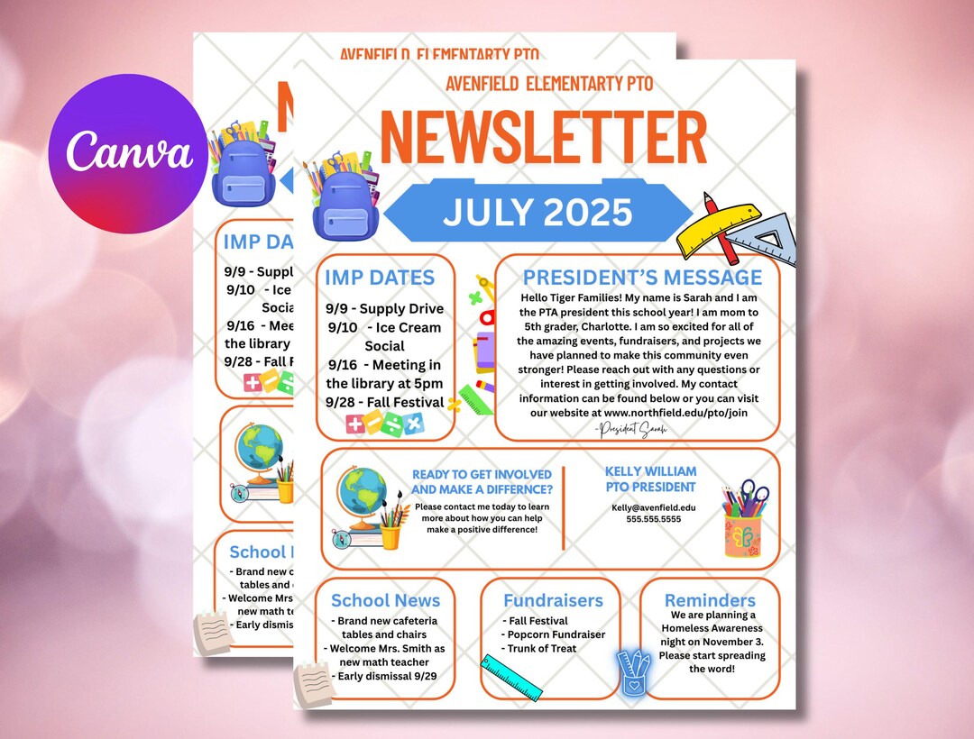 Editable August PTA Newsletter Template, DIY PTO School News in Canva ...