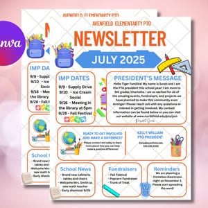 Editable August PTA Newsletter Template, DIY PTO School News in Canva ...