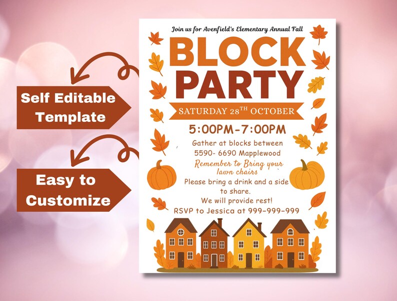 Fall Block Party Flyer Editable Template for Autumn Neighborhood Party ...