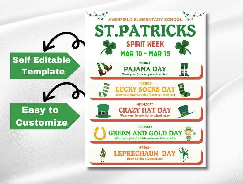 Customizable St.patricks School Spirit Week Flyer, PTO Schedule, March ...