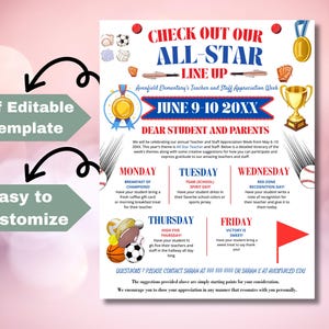 Editable Sports All Star Theme Parent Newsletter Itinerary Flyer for ...