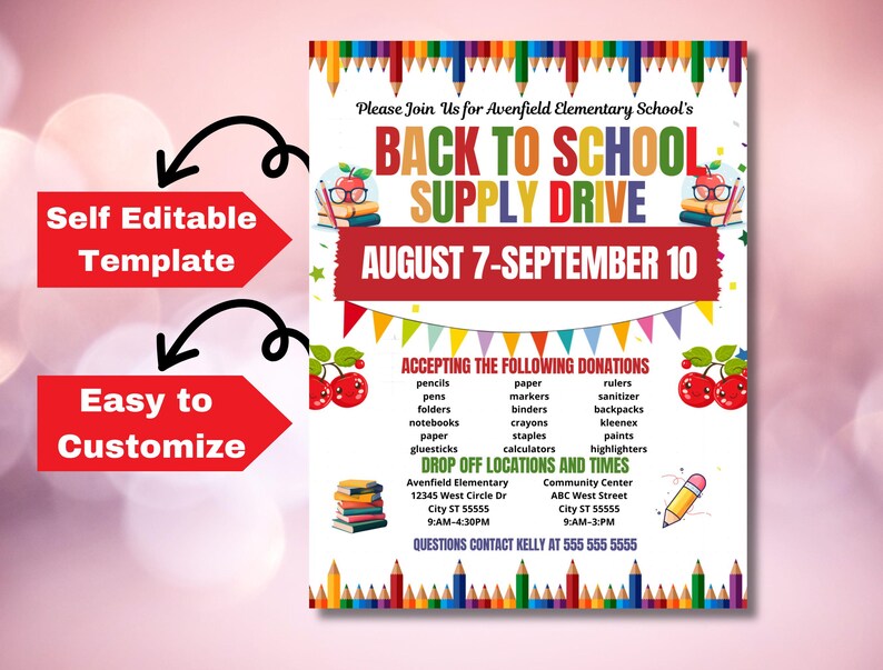 Supply Drive Flyer Editable Template for Back to School Supplies ...
