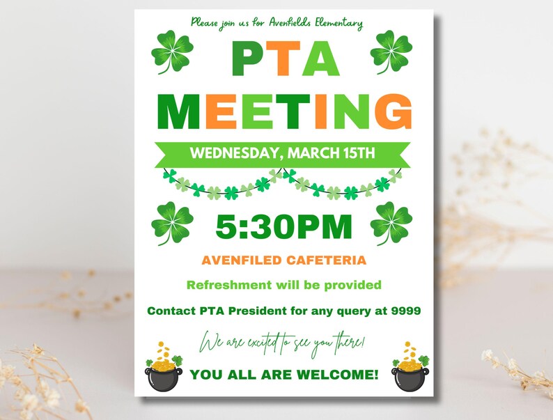 PTO PTA Meeting Flyer Editable Template for Back to School March ...