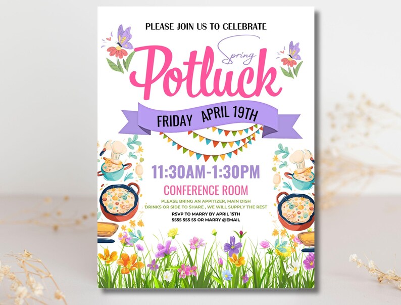 Editable Spring Potluck Invite Printable, Potluck Luncheon Party Flyer ...