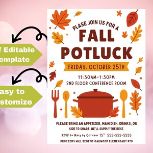 Editable Fall Potluck Flyer Template, Autumn Luncheon Invite Printable ...