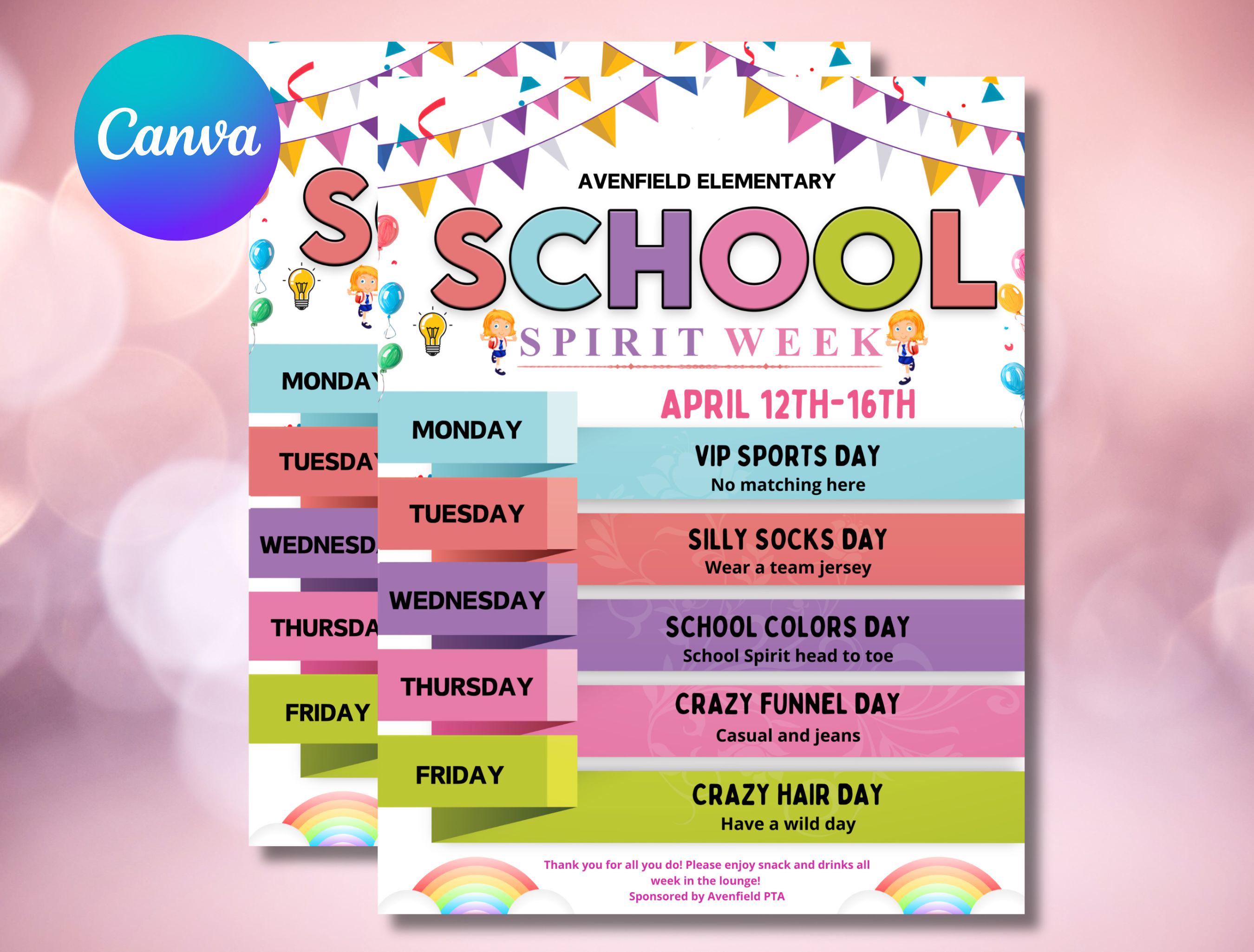 Spirit Week Template, Spirit Week Schedule, School Spirit Week, Spirit ...