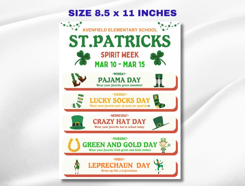 Customizable St.patricks School Spirit Week Flyer, PTO Schedule, March ...