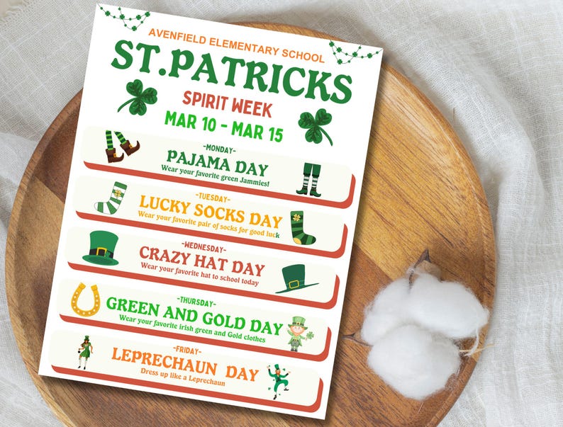 Customizable St.patricks School Spirit Week Flyer, PTO Schedule, March ...
