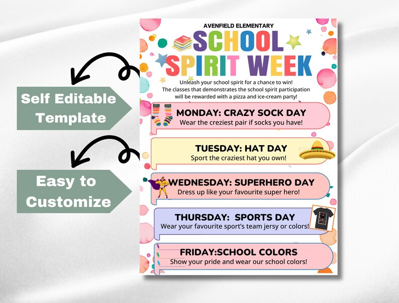 School Spirit Week Editable Itinerary Schedule | Printable DIY Spirit ...