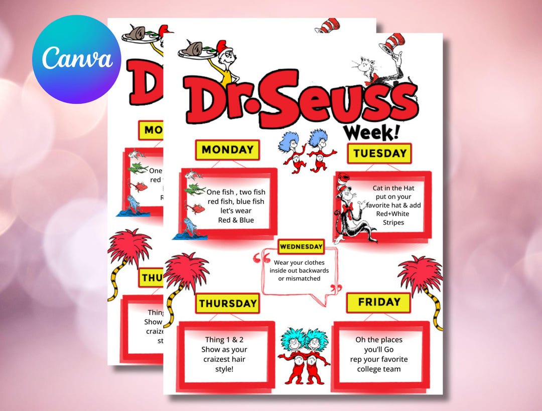 Dr. Seuss Spirit Week Schedule: Editable School Flyer (canva Template ...