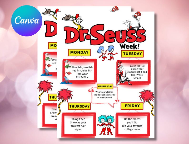 Editable School Spirit Week Schedule, Dr Susess Editable Canva Template ...