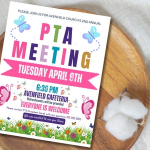 Editable Spring PTA Meeting Flyer Template, PTO PTA April News, Canva ...