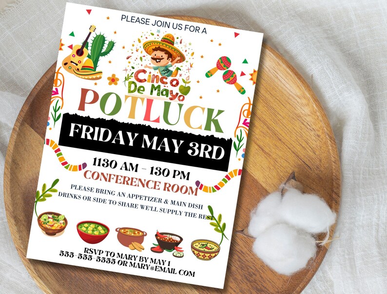 Editable Cinco De Mayo Potluck Flyer Template – Taco Fiesta Invitation ...