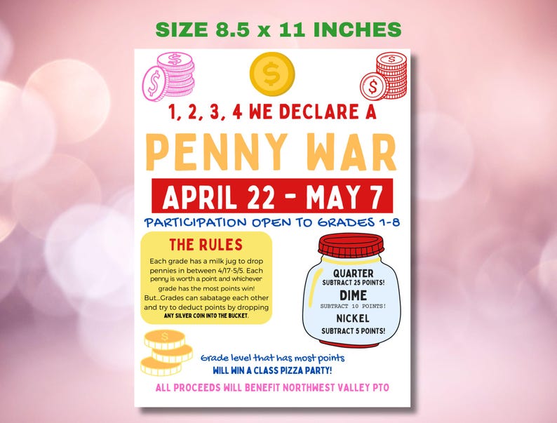 Editable Penny War Fundraiser Flyer, Printable Handout, School ...