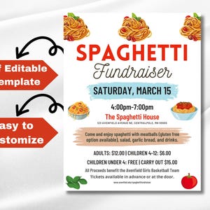 Editable Spaghetti Dinner Flyer Template for Fundraising Benefit Events ...