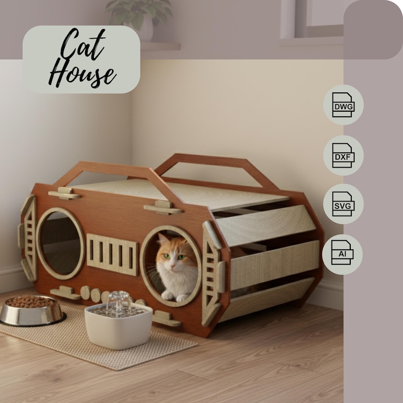 Laser Cut Cat House Svg-ai-dwg-dxf: Pet Furniture Plans (digital ...