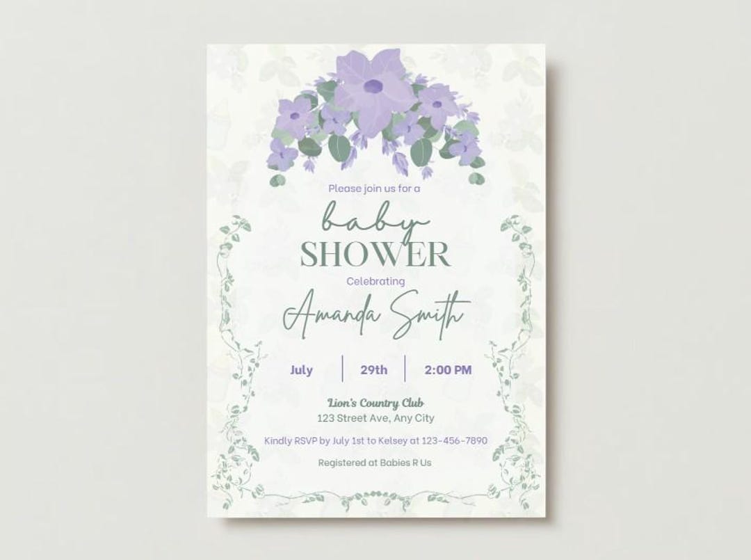 EDITABLE Purple Blooms Baby Shower Invitation Template - Etsy